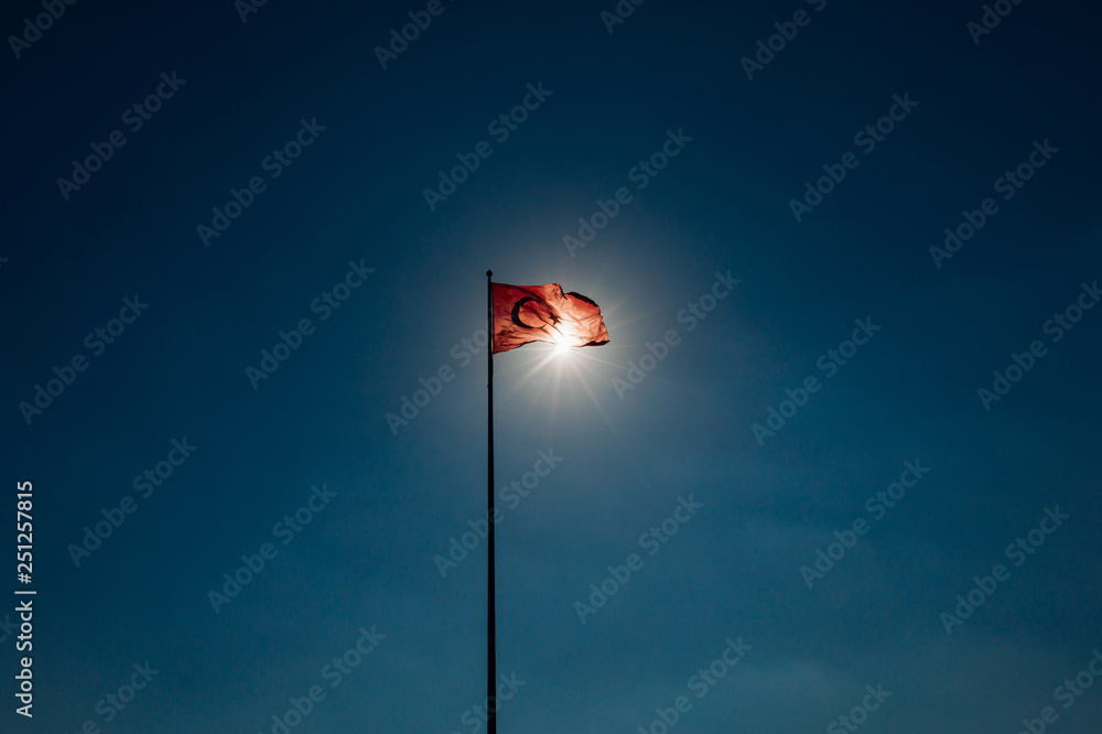 Turkish flag waving at sky with sun. Turkey country flag flowing in the ...