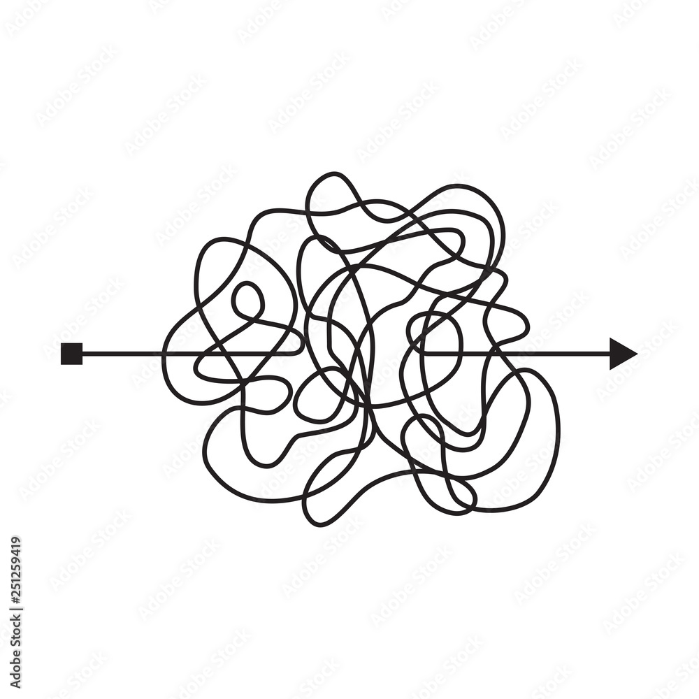 Insane messy black line, complicated clew way. Tangled scribble path ...