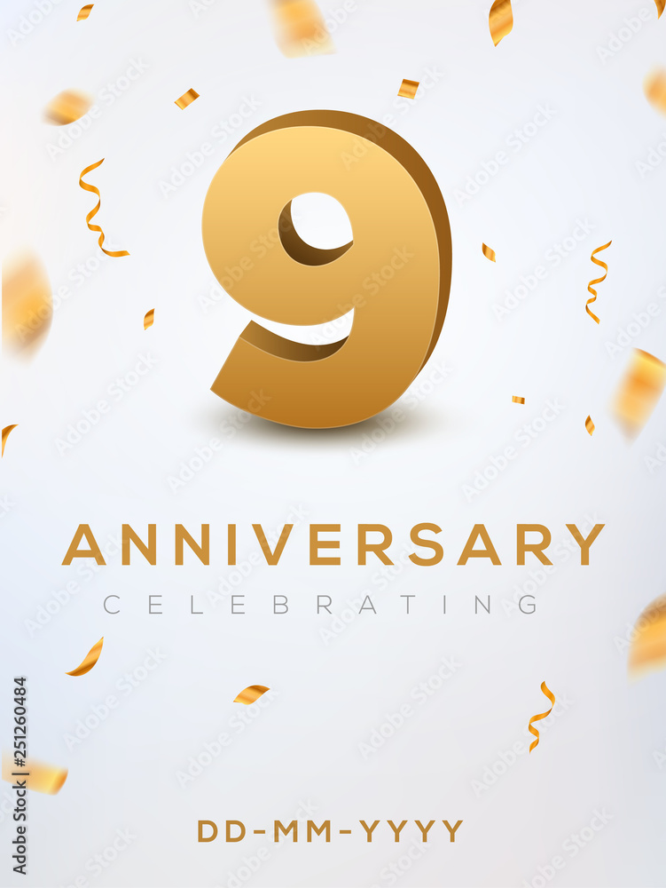 9 Anniversary gold numbers with golden confetti. Celebration 9th ...