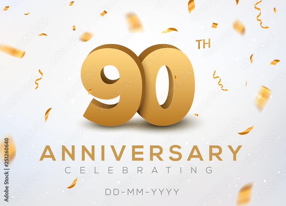 90 Anniversary gold numbers with golden confetti. Celebration 90th ...