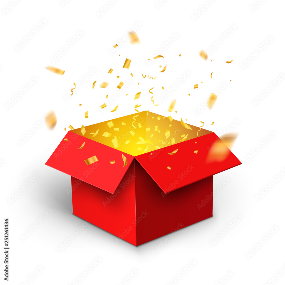 Red gift box confetti explosion. Magic open surprise gift box package ...
