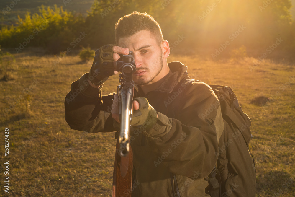 Hunting gun. Hunter with shotgun gun on hunt. Calibers of hunting ...