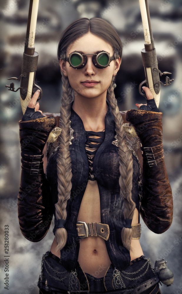Portrait of a beautiful steampunk woman gunslinger holding two pistols ...