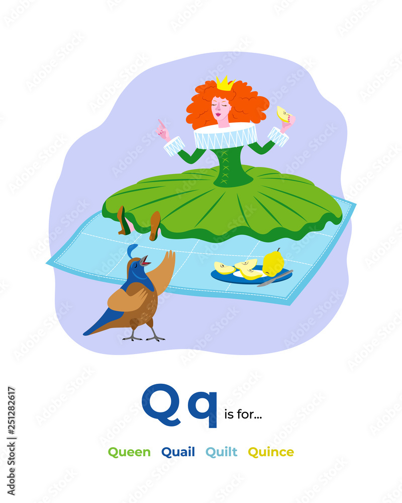 English alphabet Colored cartoon with letter Q for children, with ...