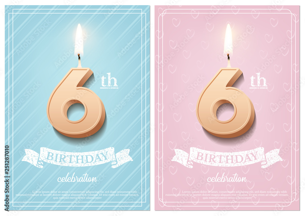 Burning number 6 birthday candle with vintage ribbon and birthday ...