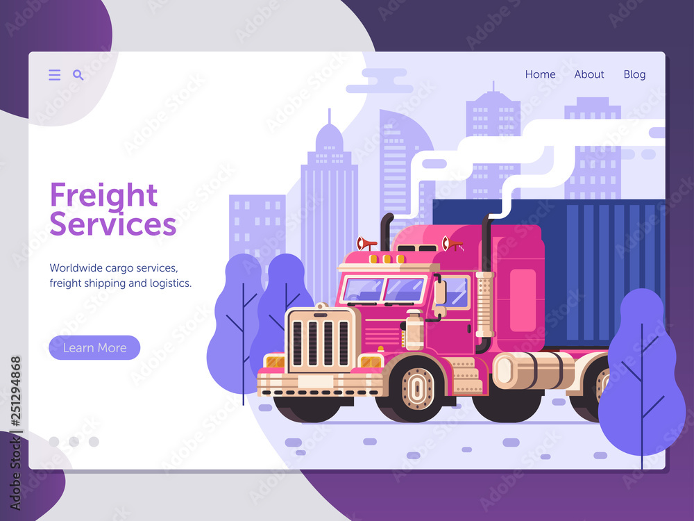 City freight services website landing page with container truck deliver ...