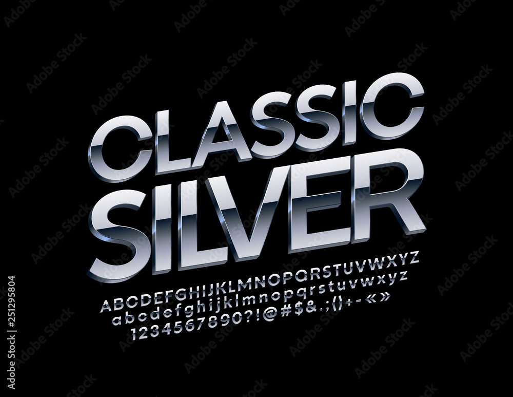Vector Classic Silver Alphabet Letters, Numbers and Symbols. Reflective ...