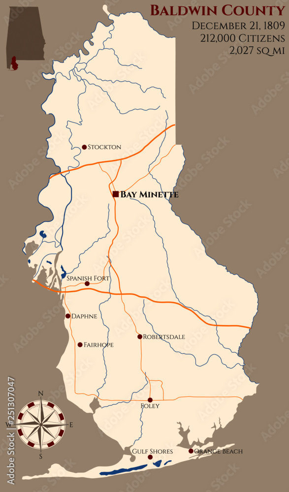 Large and detailed map of Baldwin county in Alabama, USA Stock Vector ...