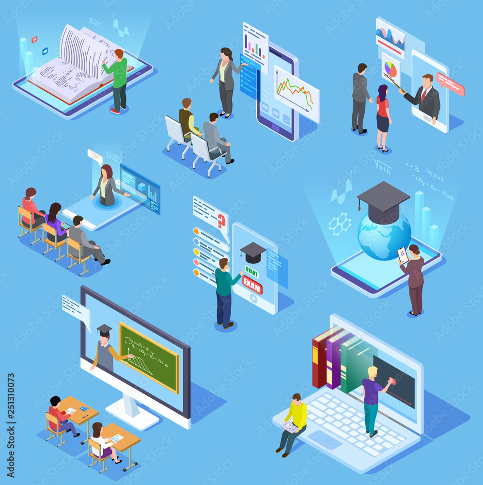 Online people education. Virtual classroom library students, professor ...