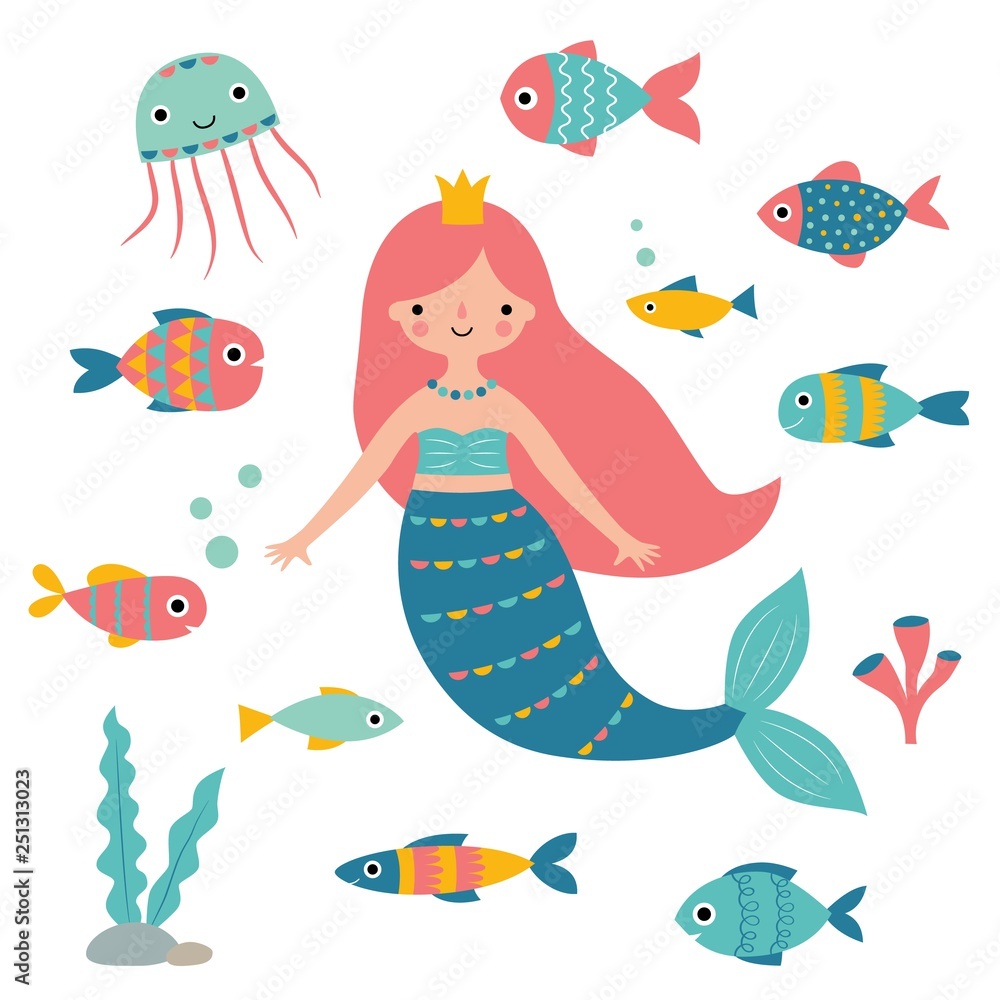 Cartoon mermaid and fishes set Stock Vector | Adobe Stock