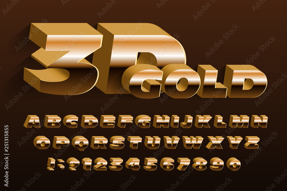 3D gold typeface font. Golden effect wide letters and numbers ...