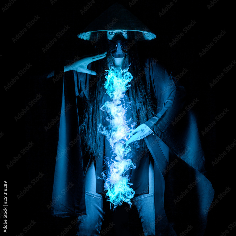 Conception on cosmic cosplay theme, martial arts. Modern portrait woman ...