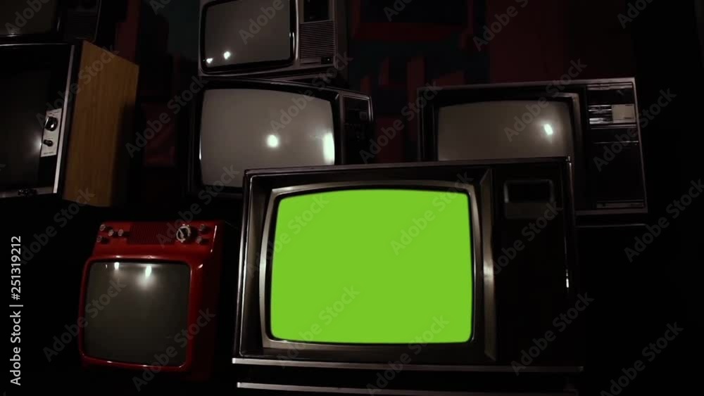 Old Tv Green Screen In The Middle Of Many Tvs. Aesthetics Of The 80S ...