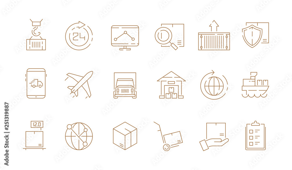 Logistic thin symbols. Delivering boxes and transport van free shipment ...