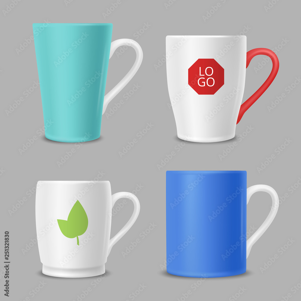 Mockup mugs. Business identity office cups with logos colored vector ...