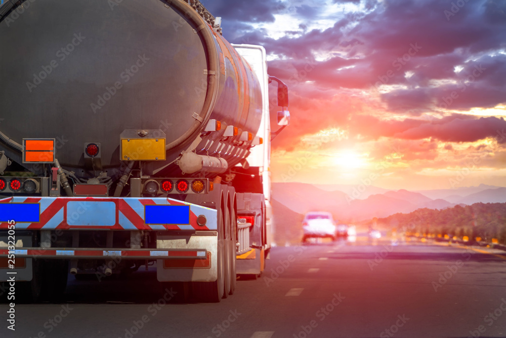 Fuel truck with sunset background glowing on the highway,Route, road ...