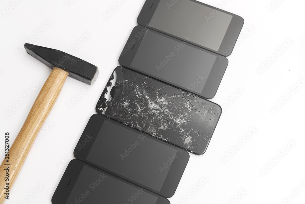 Hammer, broken screen and new phone screen on white background. Phone ...