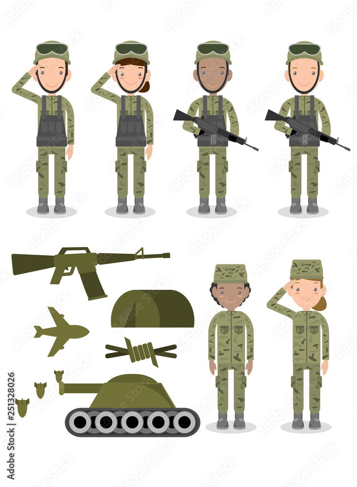 set of soldiers, Group of army, military people, man and woman soldiers ...