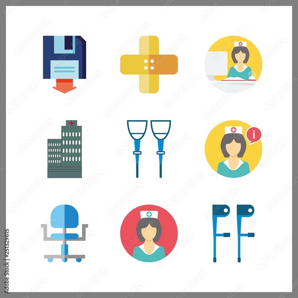 9 recovery icon. Vector illustration recovery set. crutch and hospital ...