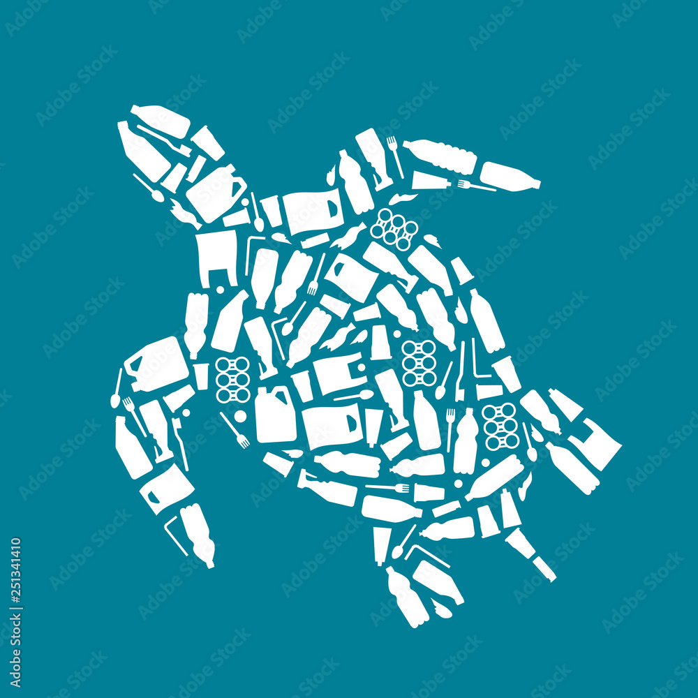 Ocean plastic pollution. Ecological poster. Turtle composed of white ...