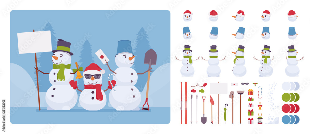 Snowman figure character set, outdoor Christmas ornament. Three cute ...