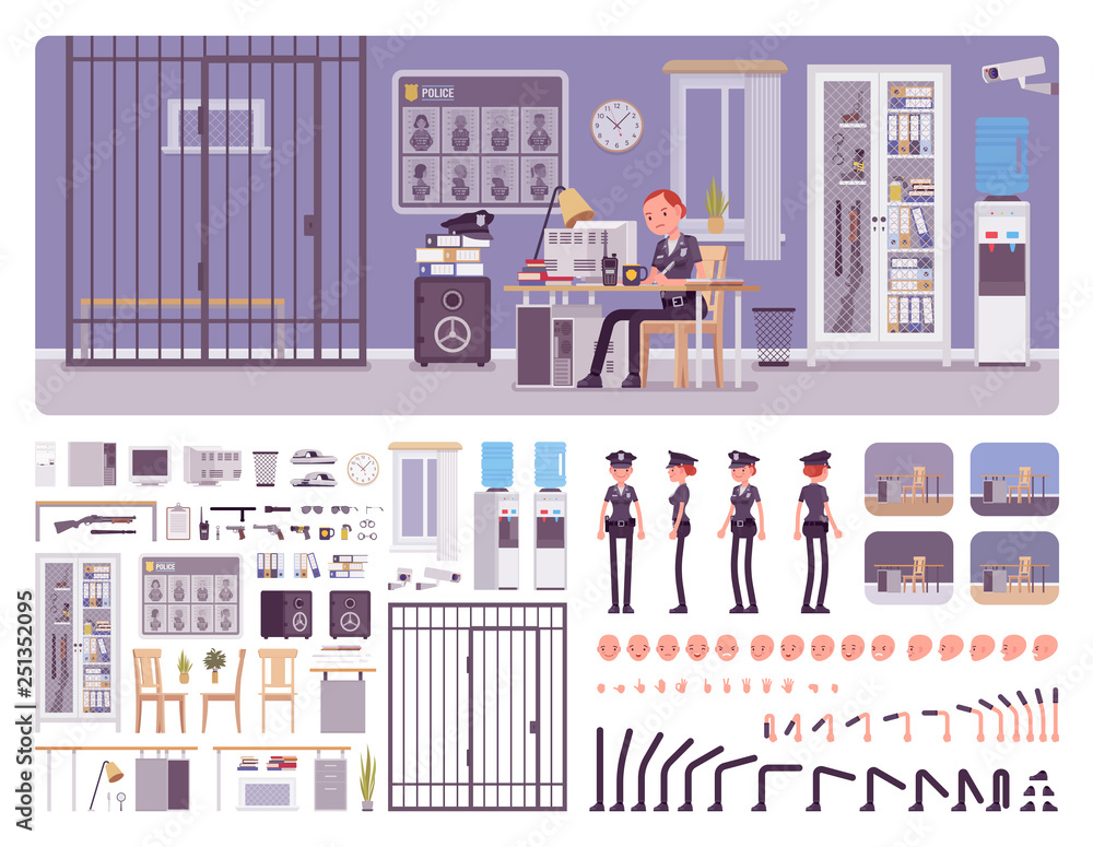 Police station office interior creation kit with policewoman, officer ...