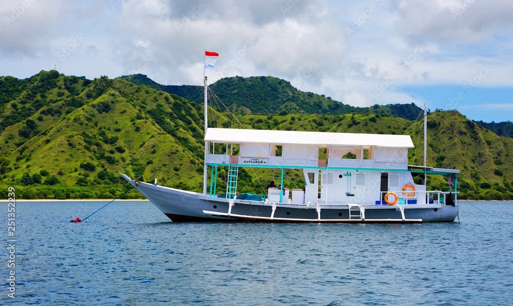 Komodo island, Indonesia, Indonesian boat off the coast of Komodo ...