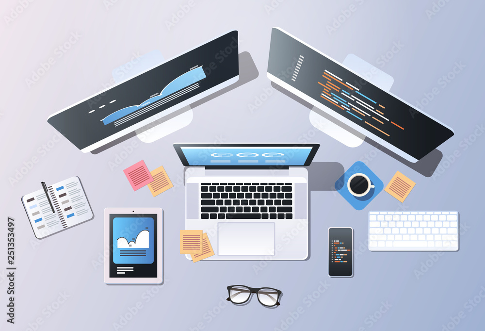 design software development programming concept top angle view desktop computer monitor tablet ...