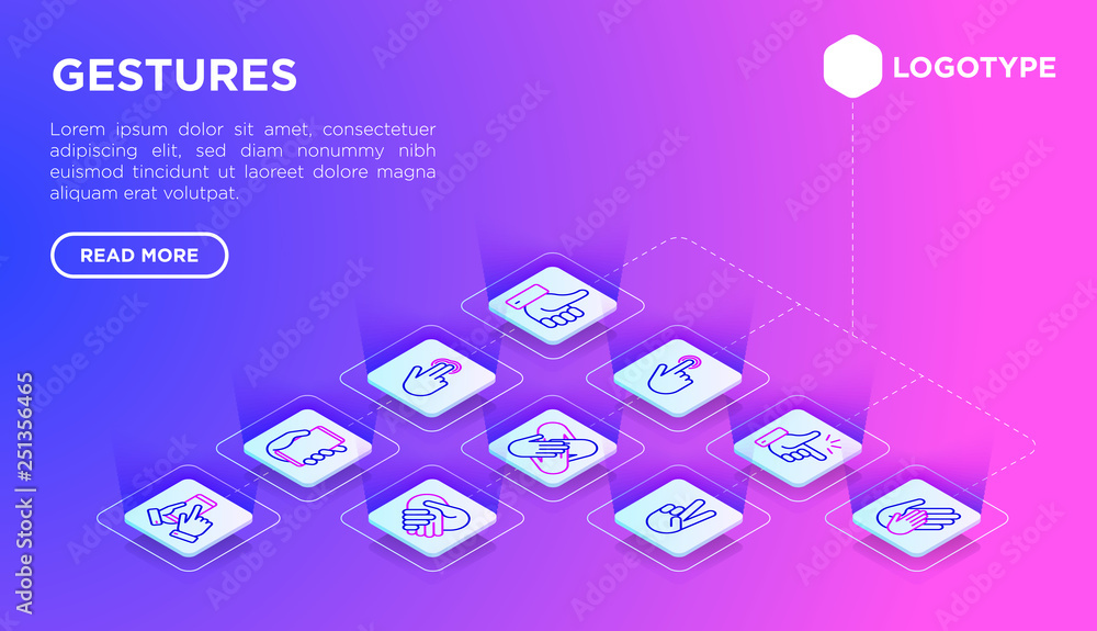 Hands gestures web page template with thin line isometric icons ...