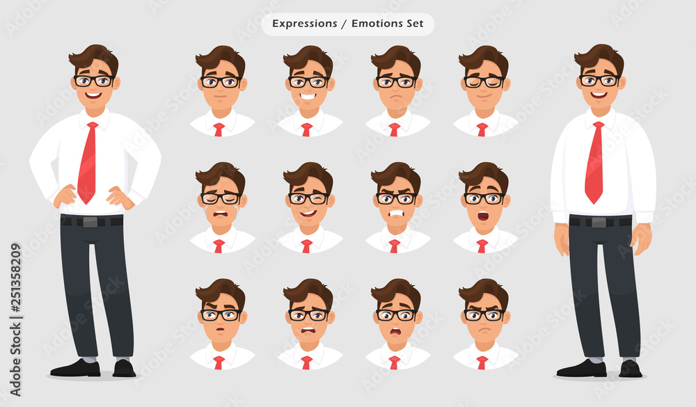 Set of male different facial expressions. Man emoji character with ...