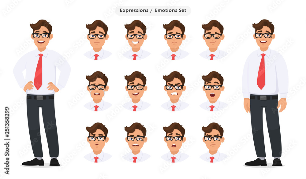 Vetor de Set of male's different facial expressions. Man emoji ...