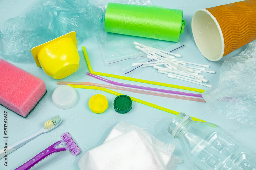 Plastic waste concept: variety of single use objects that get thrown ...