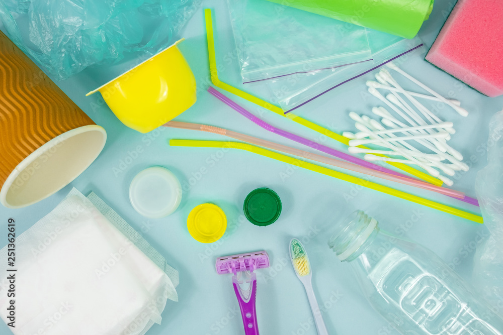 Plastic waste concept: variety of single use objects that get thrown ...
