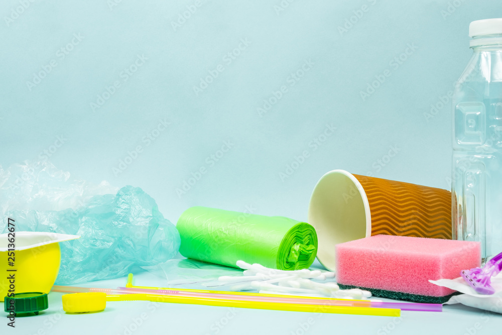 Plastic waste concept: variety of single use objects that get thrown ...