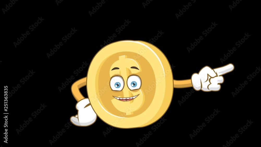 Cartoon dollar coin animated character face right side pointer with ...