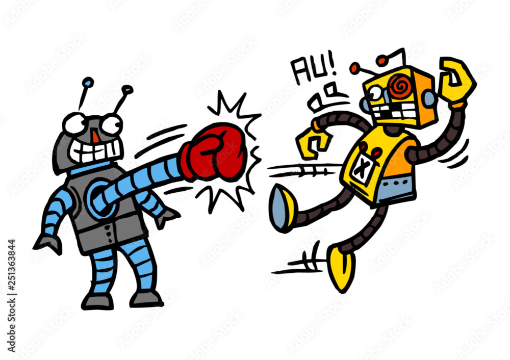 Robots are fighting the boxing match, winner celebrates, color cartoon ...