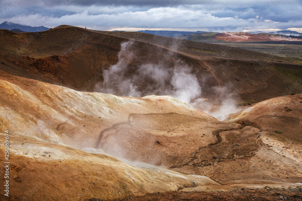 Steaming fumarole on rhyolite formation Krafla volcanic area Myvatn ...