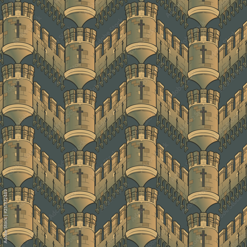 Medieval city architecture. Seamless pattern in a style of a medieval ...