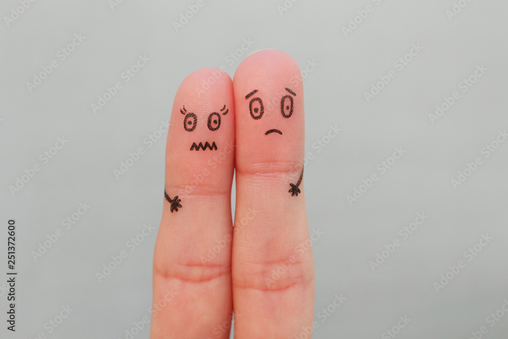 Fingers art of scared couple. Concept of a man and a woman are afraid ...