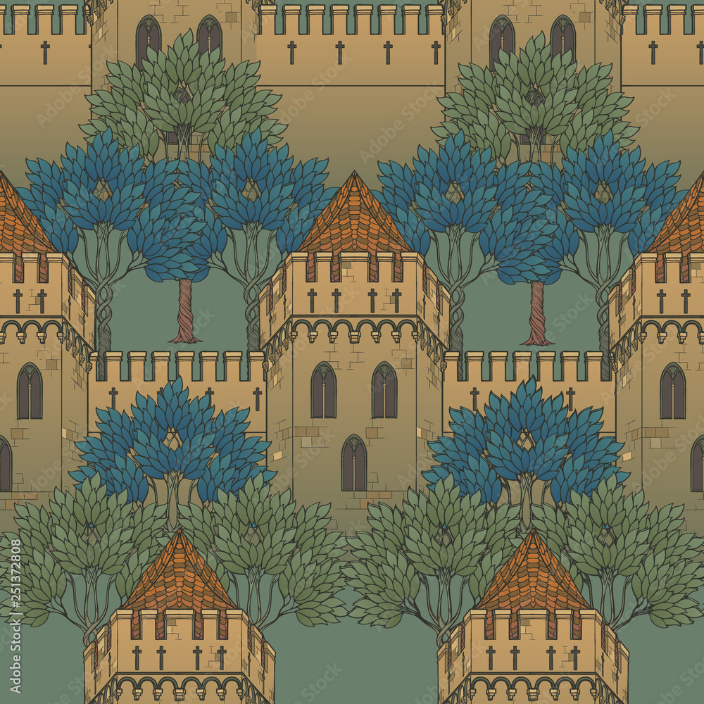 Medieval city architecture. Seamless pattern in a style of a medieval ...
