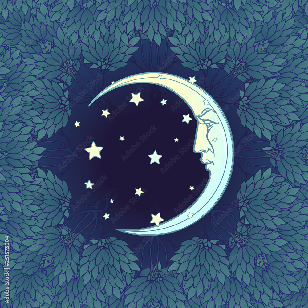 Decorative composition with stylized human faced moon and stars ...