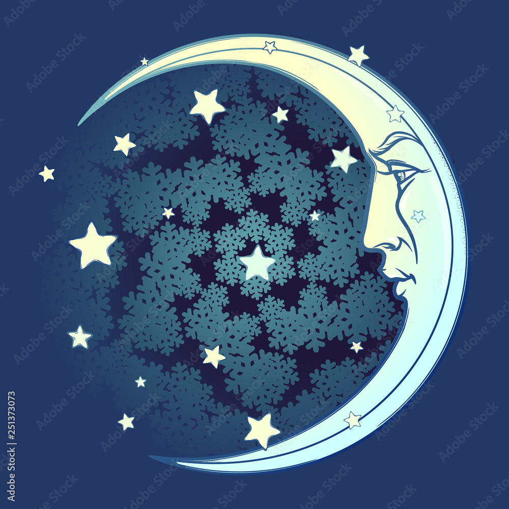 Decorative composition with stylized human faced moon and stars ...