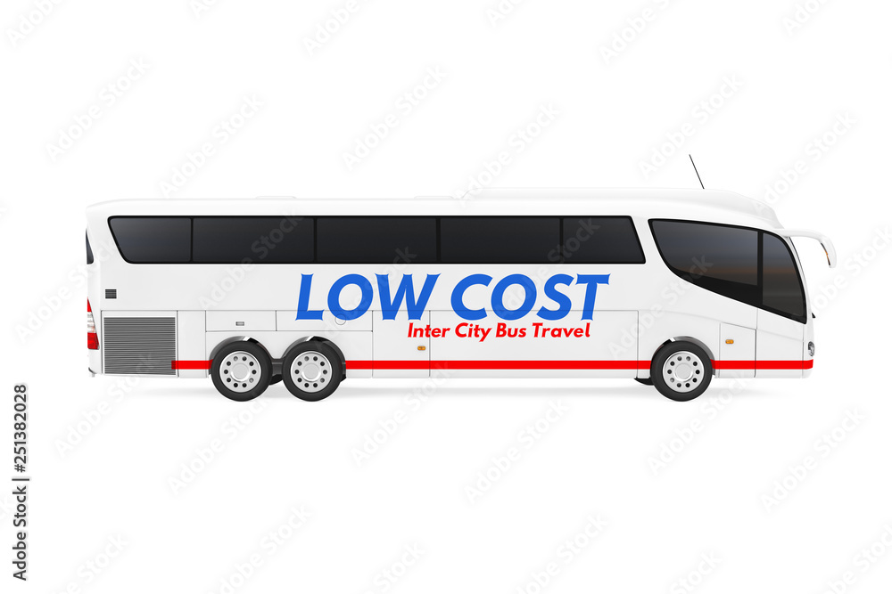 Big White Coach Tour Inter City Travel Bus with Low Cost Sign. 3d ...