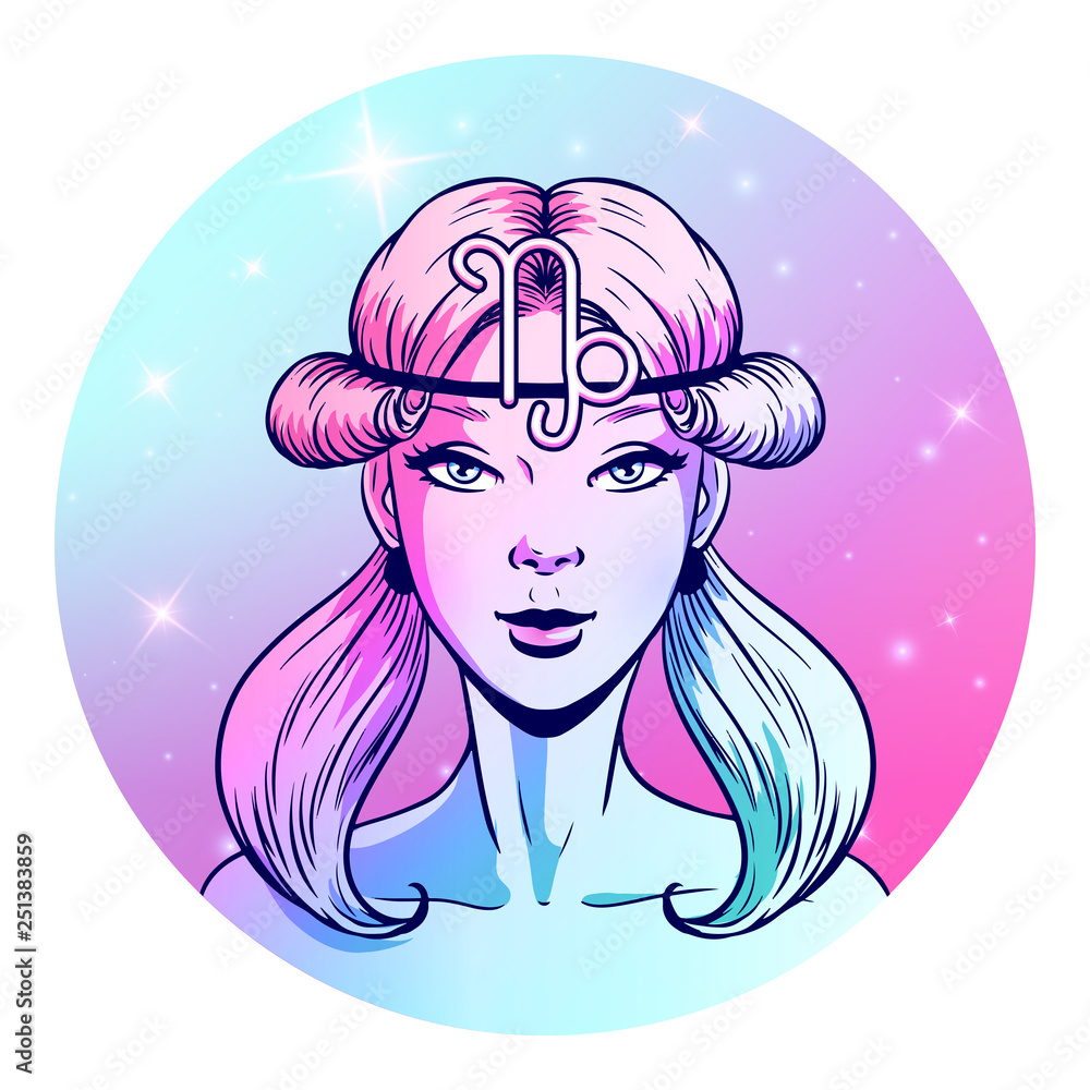 Capricorn Zodiac Sign Artwork Beautiful Girl Face Horoscope Symbol