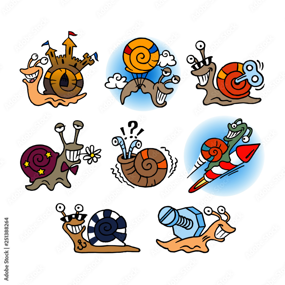 Snail shell cartoon, set of color icons isolated on white background ...