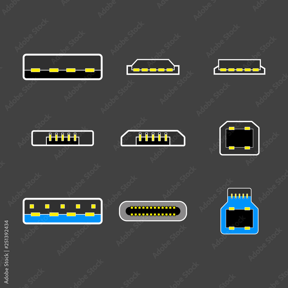 USB type A, B and USB type C plugs, micro, lightning, universal ...