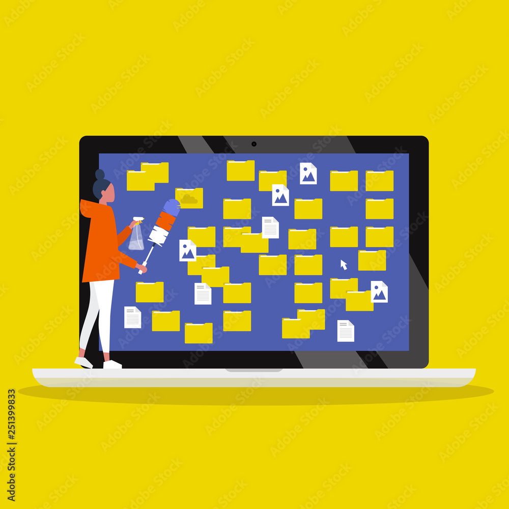 Young female character cleaning up the desktop folders. Digital hygiene ...