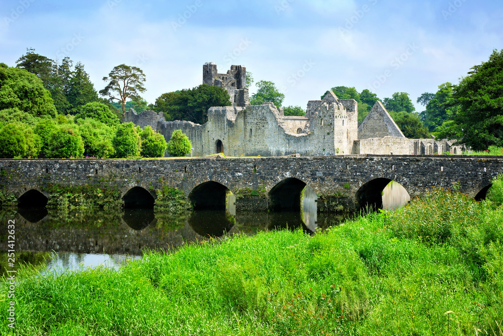 Medieval Desmond Castle, Ireland with old stone bridge, Adare, County ...