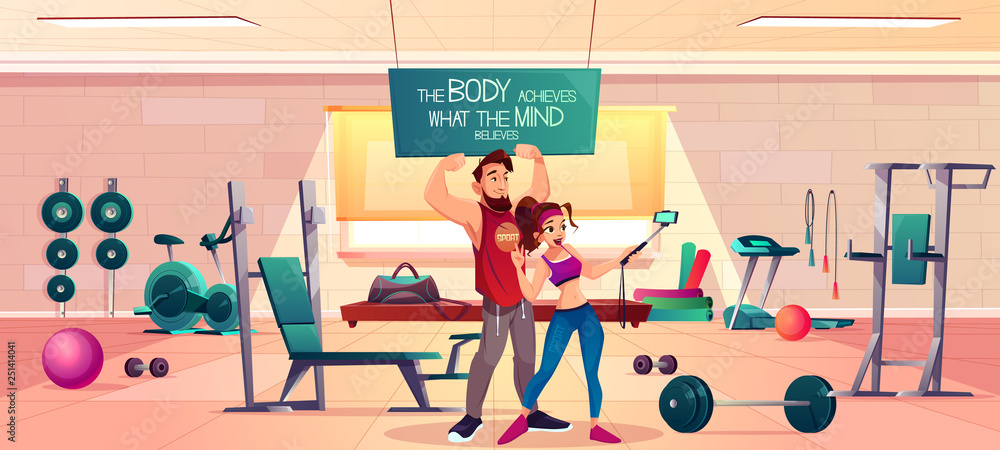 Fitness club clients cartoon vector concept. Young man and woman in ...