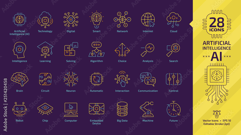 Vector artificial intelligence editable stroke thin outline icon set on ...